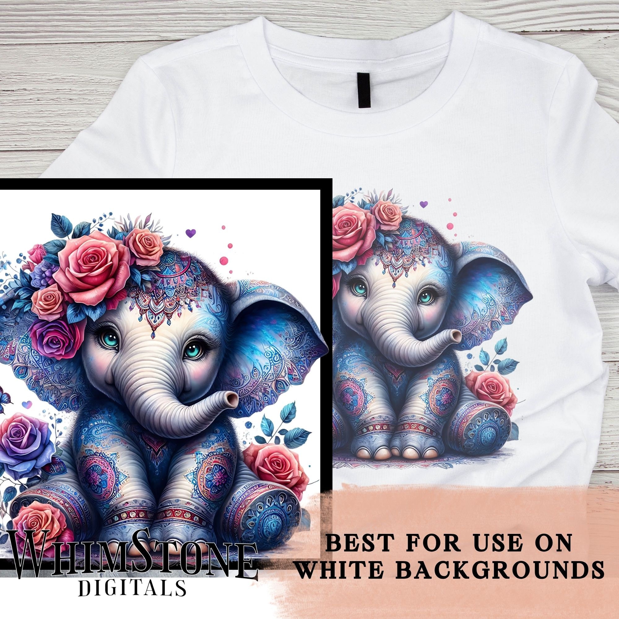 Watercolor Boho Baby Elephant Clipart Bundle, Floral Elephant PNG ...