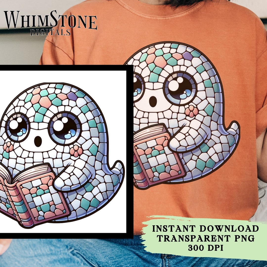 Mosaic Ghost Reading Png Cute Ghost Dtf Design Mosaic Ghost Sublimation Ghost Reader Clipart