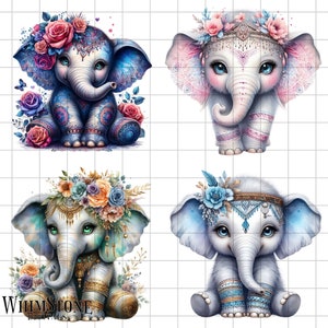 Watercolor Boho Baby Elephant Clipart Bundle, Floral Elephant PNG ...