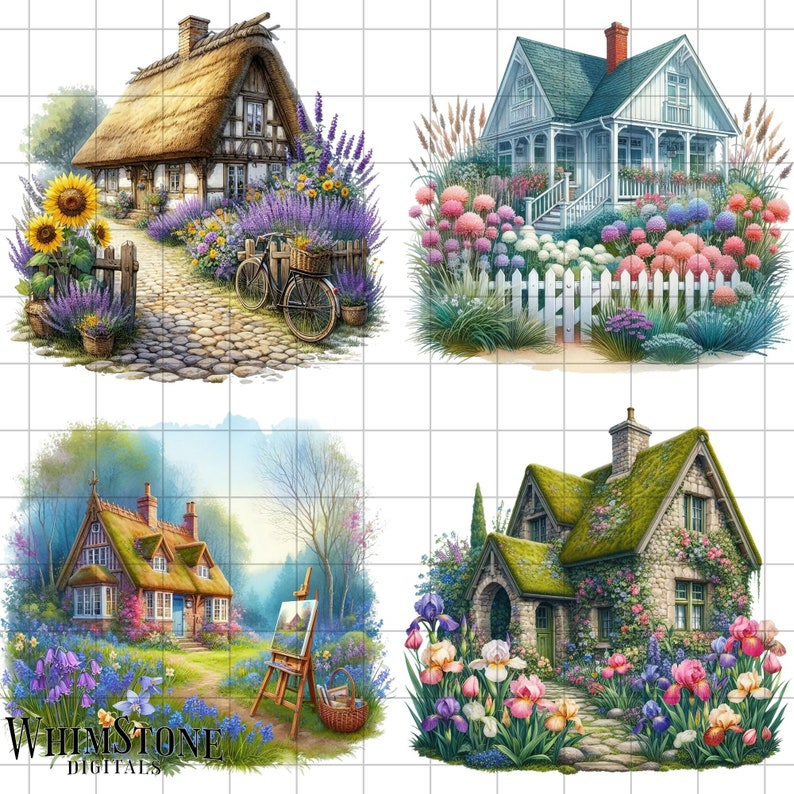 Watercolor Charming Cottages Clipart Bundle, Floral Cottage Pngs ...