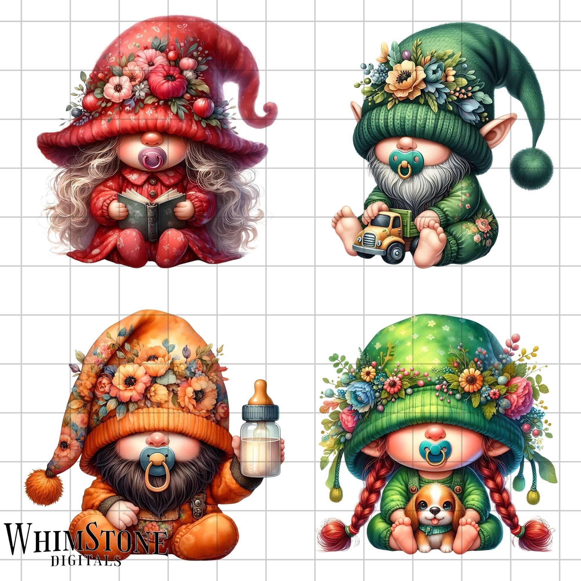 Baby Gnomes Clipart Bundle, Gnome Babies PNG Bundle, Floral Gnomes Pngs ...