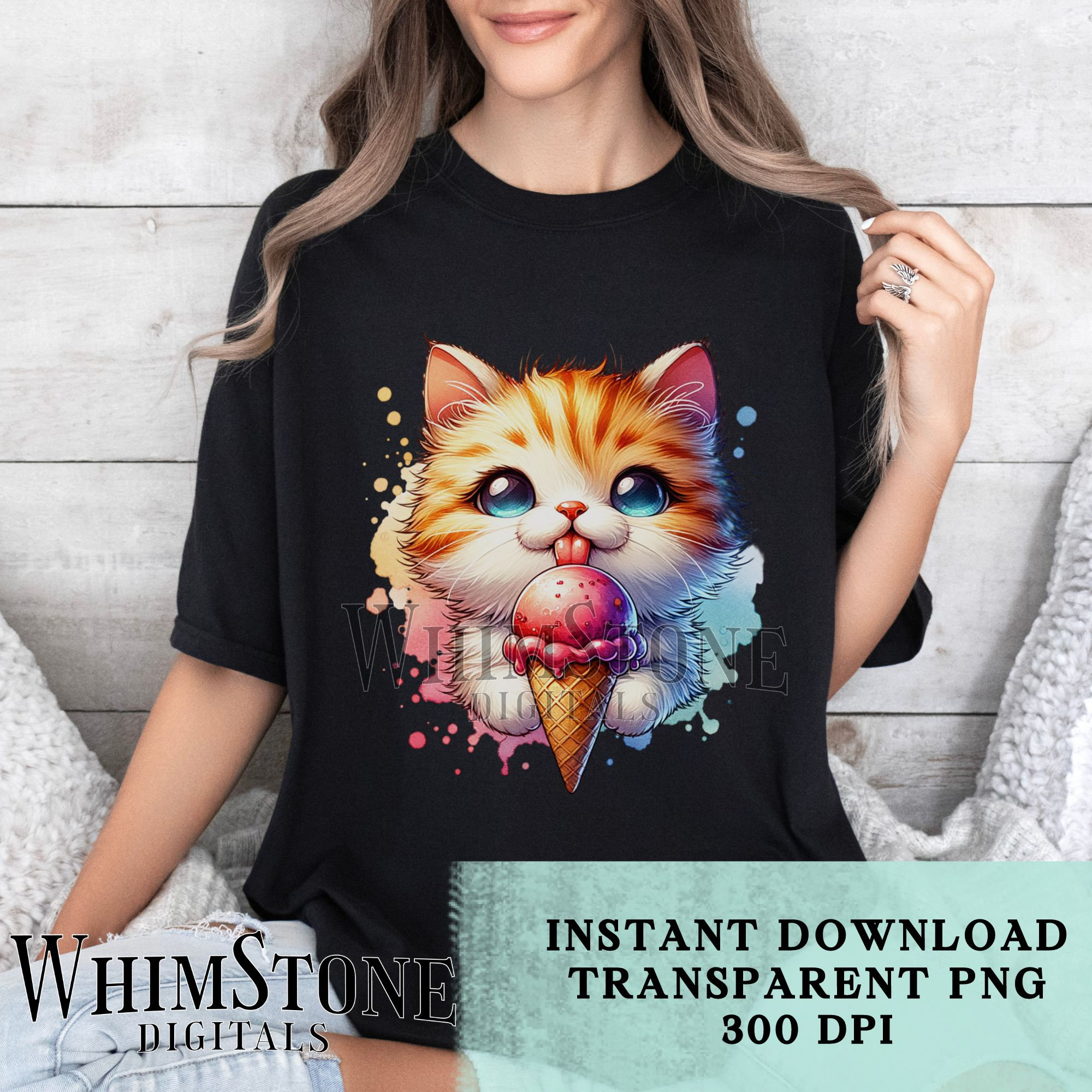 Watercolor Cat Licking Ice Cream PNG, Cat Dtf, Watercolor Sublimation ...