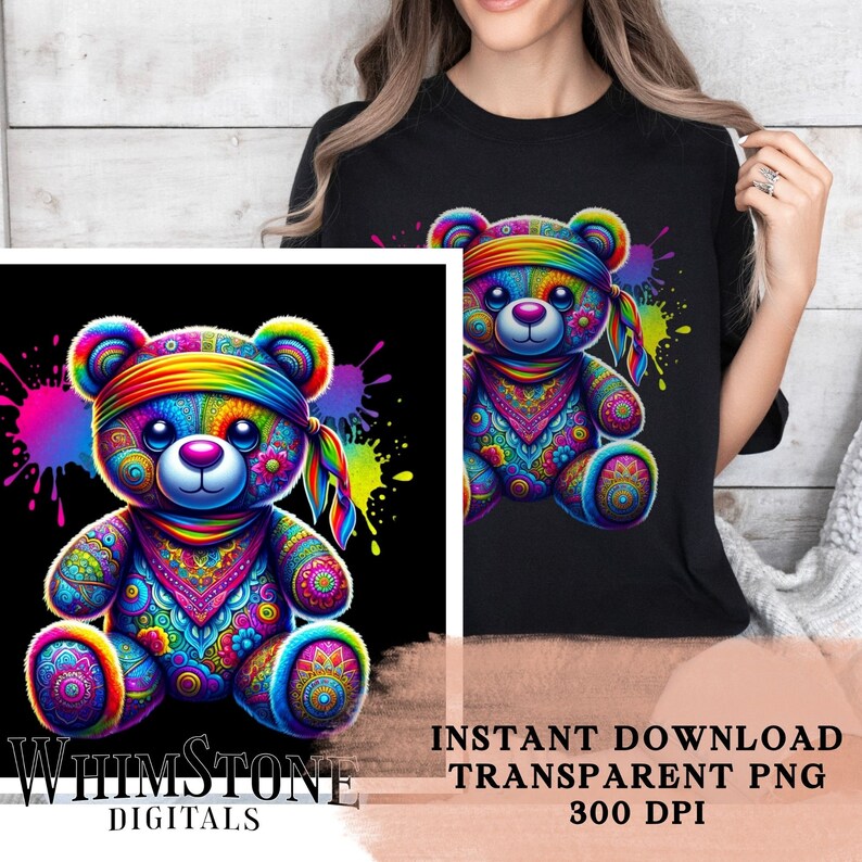 Psychedelic Hippie Teddy Bear PNG Watercolor Teddy Bear DTF Teddy T ...