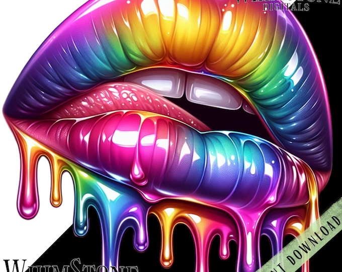 Rainbow Lips PNG, Kiss Lips Dtf Design, Dripping Lip Clipart, Licking ...