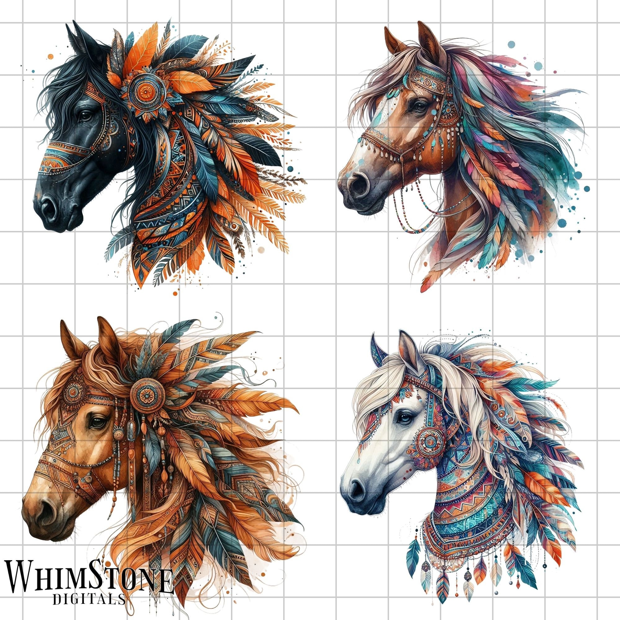 Watercolor Boho Horse Clipart Bundle, Horse Head PNG Bundle, Colorful ...