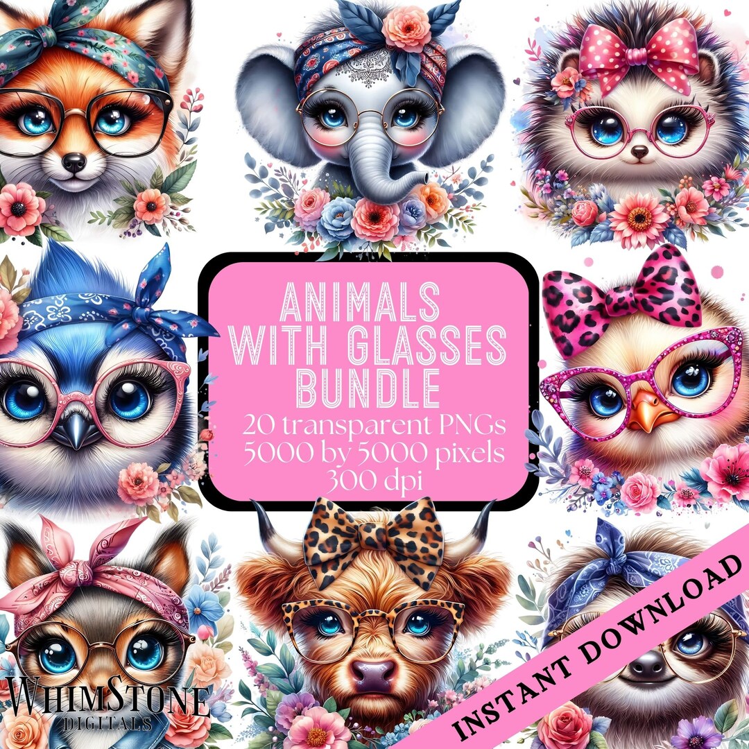 Watercolor Cute Animals With Glasses Clipart Bundle, Sassy Animals PNG ...