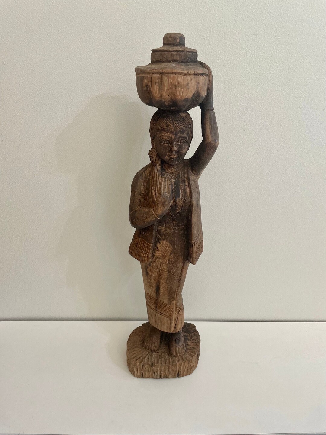 Wooden Woman Carved by Hand Vintage Villager Lady Figurine Statue 41cm ...