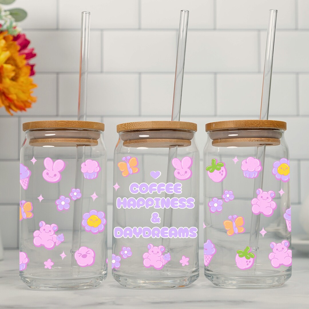 Pastel Gummy Bear Glass Can Mug, Coffee Happiness and Daydreams ...