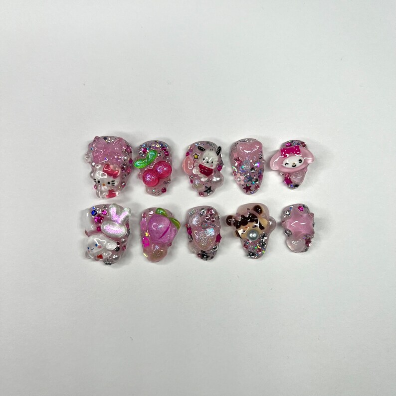 Gyaru Pink Sanrio Press On Nails Coquette Anime Nails Pink Rhinestones