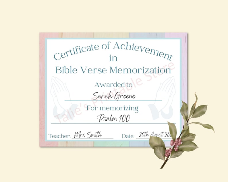 Bible Verse Memorization Certificate, Memorization Award for Bible ...