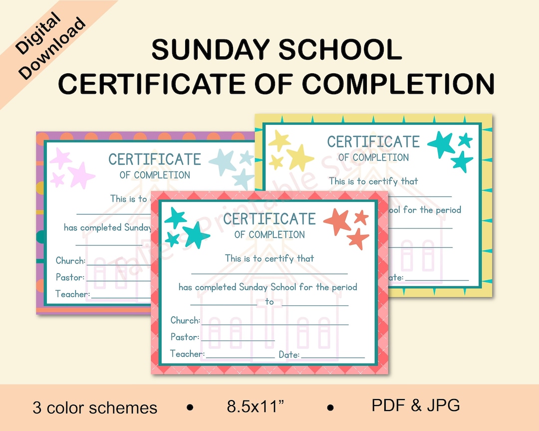 Sunday School Certificate of Completion, Sunday School Award ...