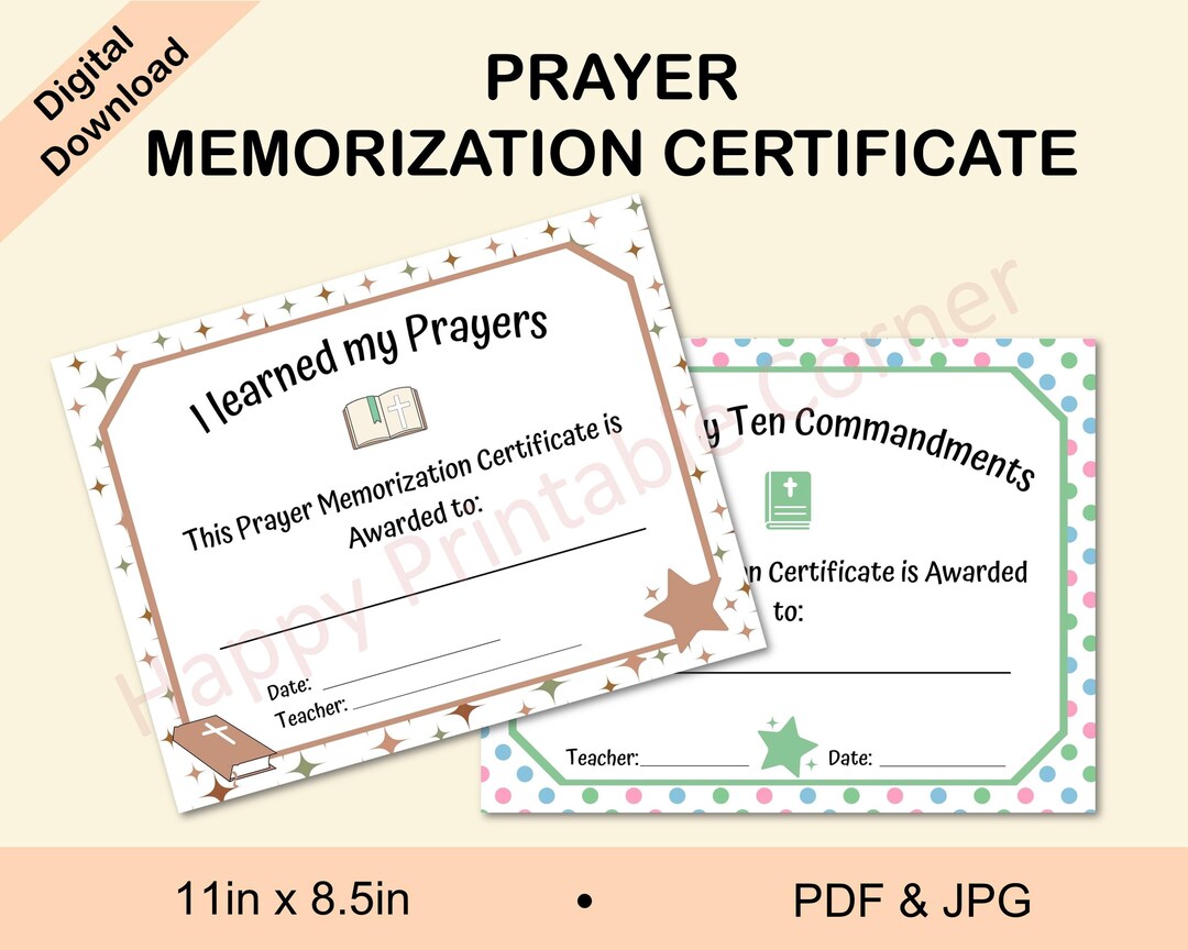 Prayer Ten Commandments Memorization Certificate, Memorization Award ...