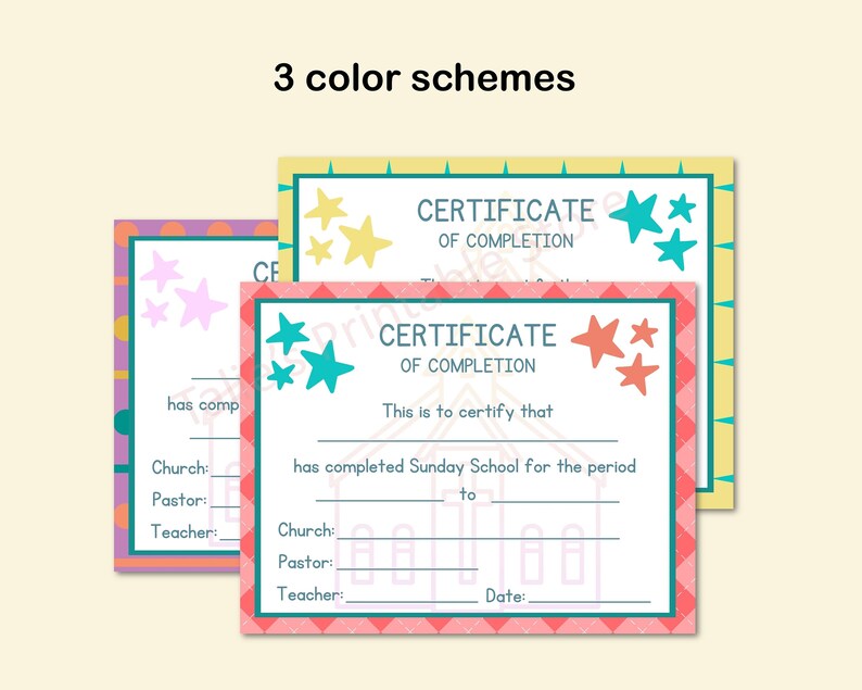 Sunday School Certificate of Completion, Kids Award (digital Download ...