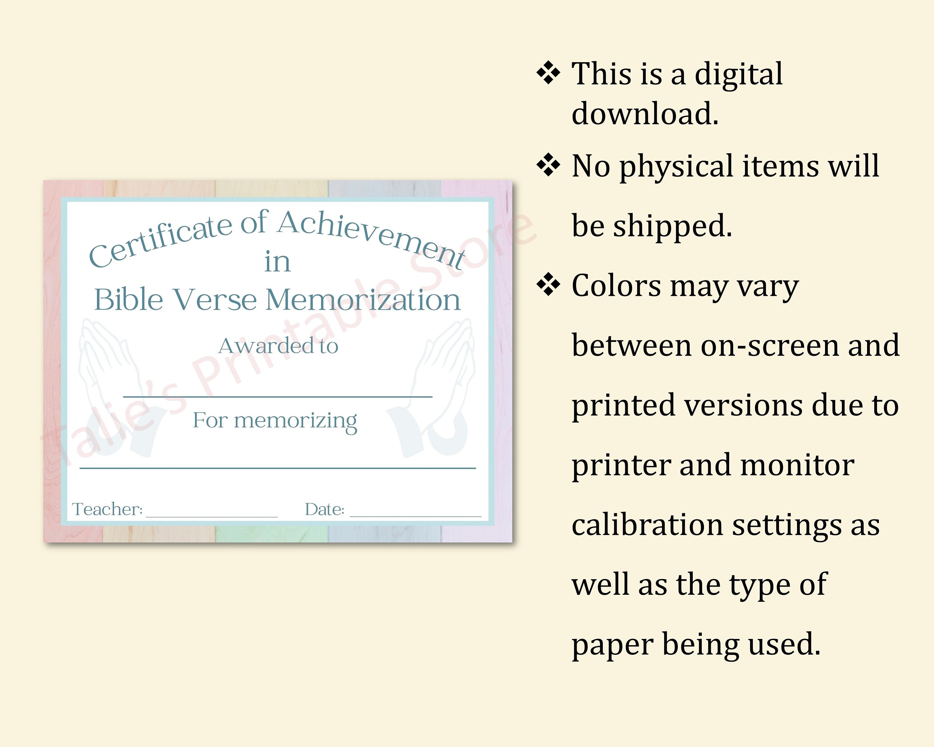 Bible Verse Memorization Certificate, Memorization Award for Bible ...