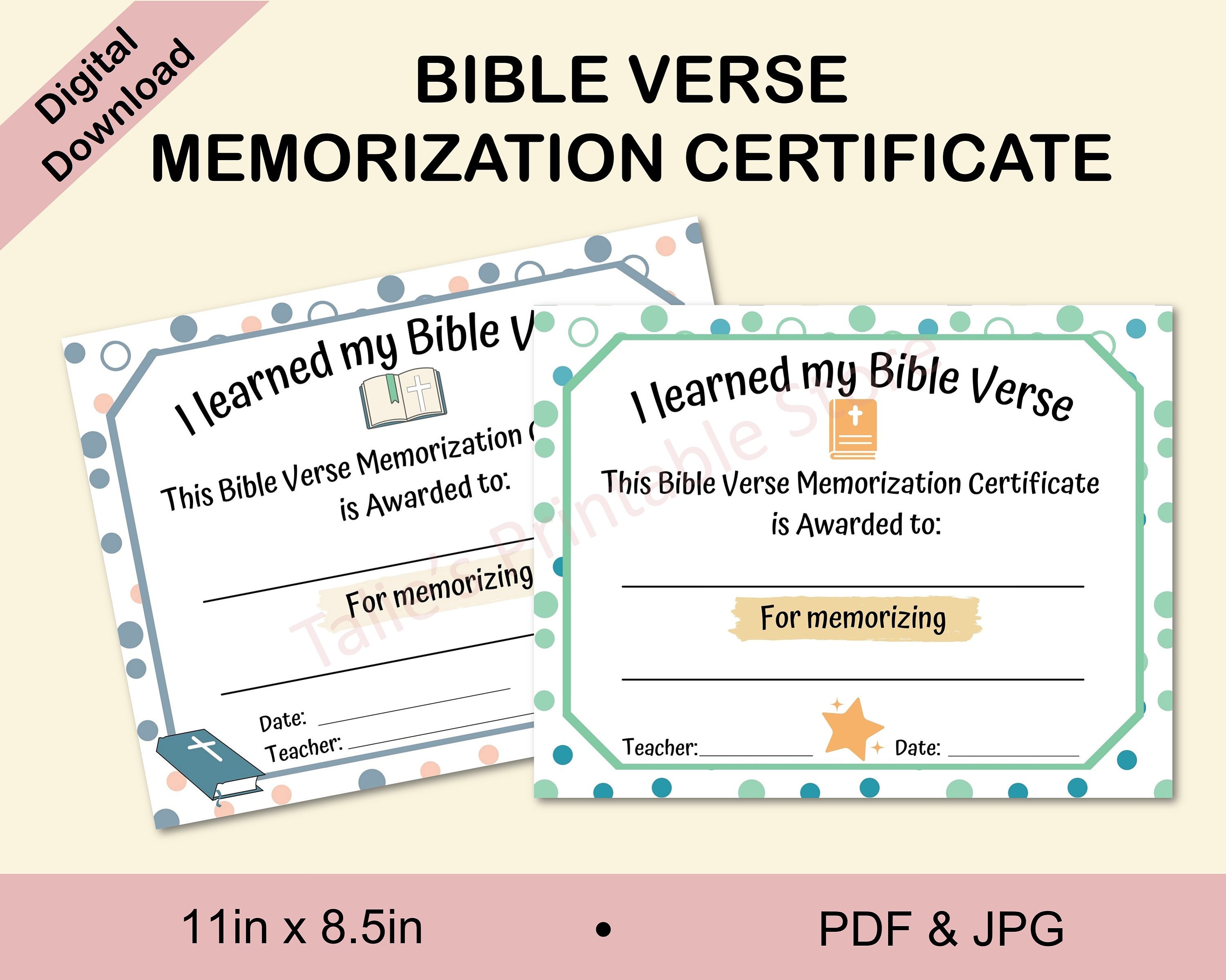 Bible Verse Memorization Certificate, Memorization Award for Bible ...