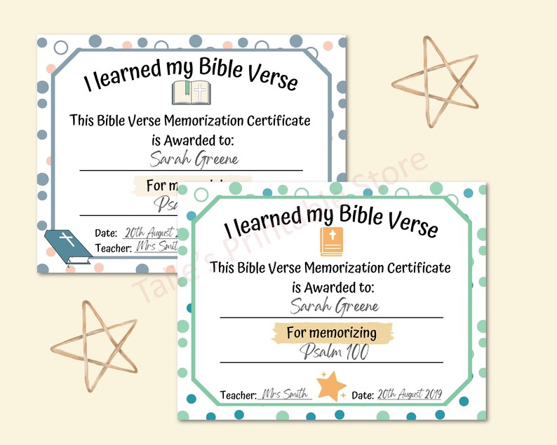 Bible Verse Memorization Certificate, Sunday School Award (digital ...