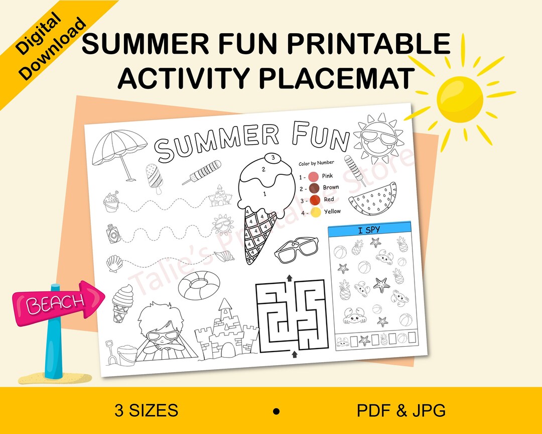 Summer Fun Activity Placemat, Kids Activity Placemat, Pre-school ...