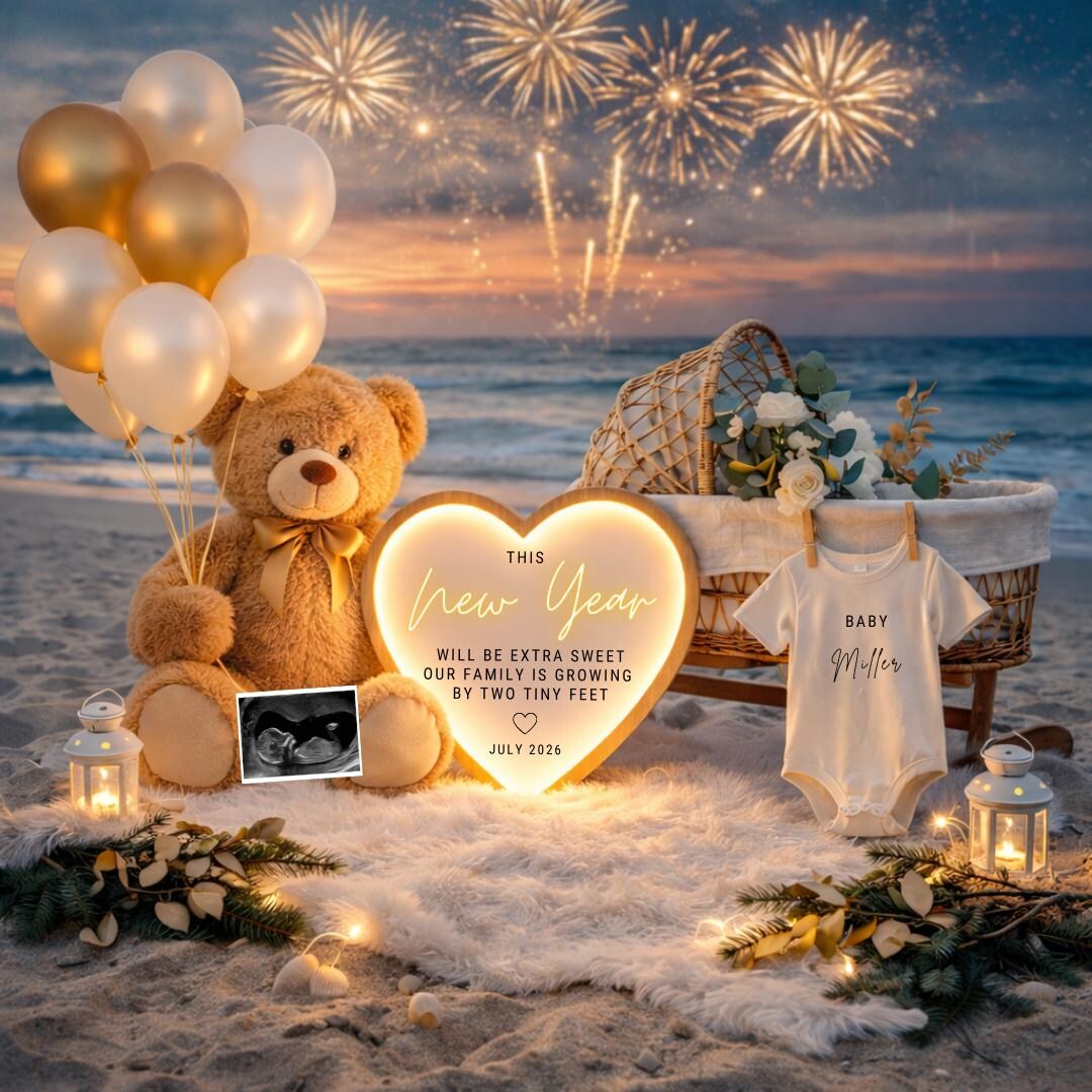 New Years Pregnancy Announcement Template | Editable Canva 2026 Beach ...
