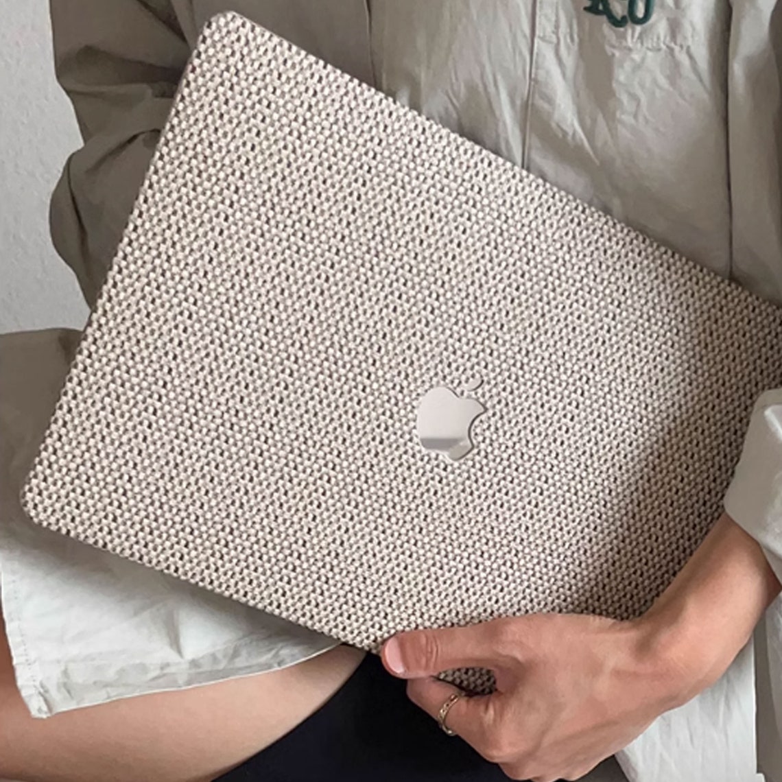 Beige Check Leather MacBook Case, Vintage Check Leather Laptop Case ...