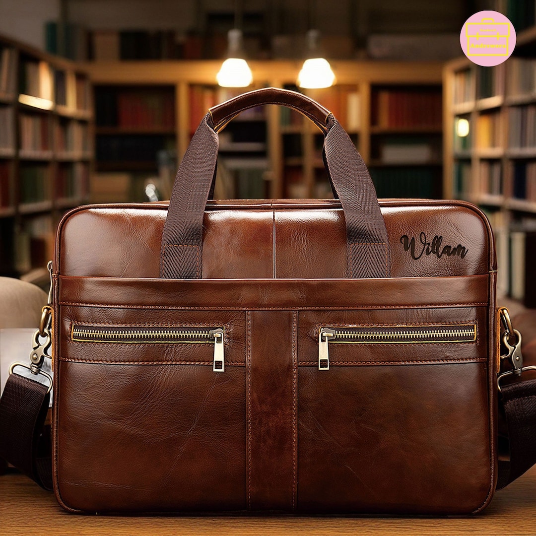 Personalized Leather Laptop Bag, Custom Name Messenger Bag, Initial ...