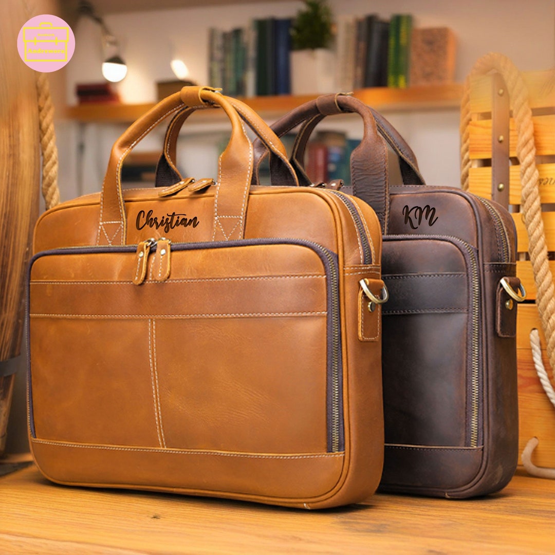 Personalized Leather Briefcase Laptop Bag, Custom Engrave Messenger Bag ...
