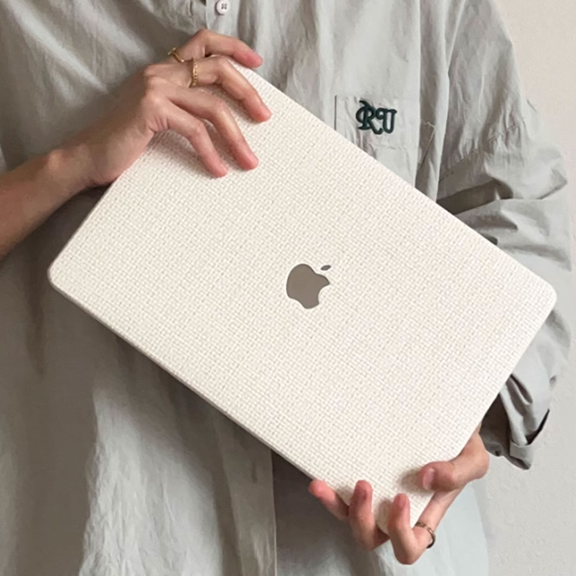 Beige Check Leather MacBook Case, Vintage Check Leather Laptop Case ...