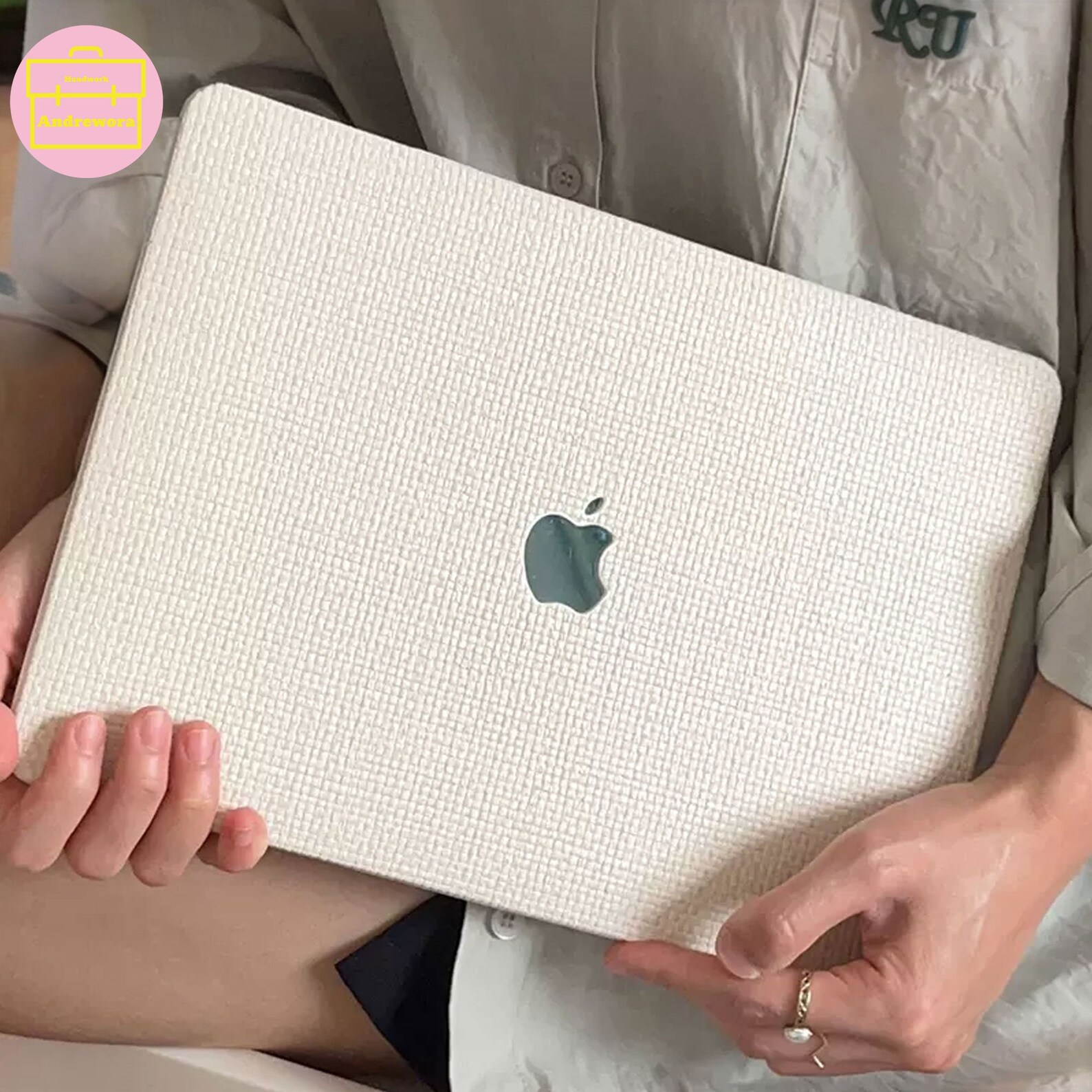 Beige Check Leather MacBook Case, Vintage Check Leather Laptop Case ...