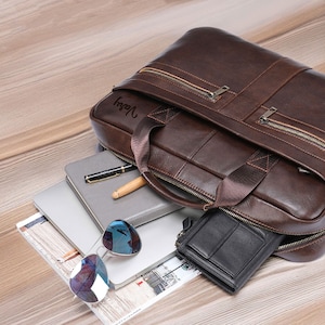 Personalized Leather Laptop Bag, Custom Name Messenger Bag, Initial ...