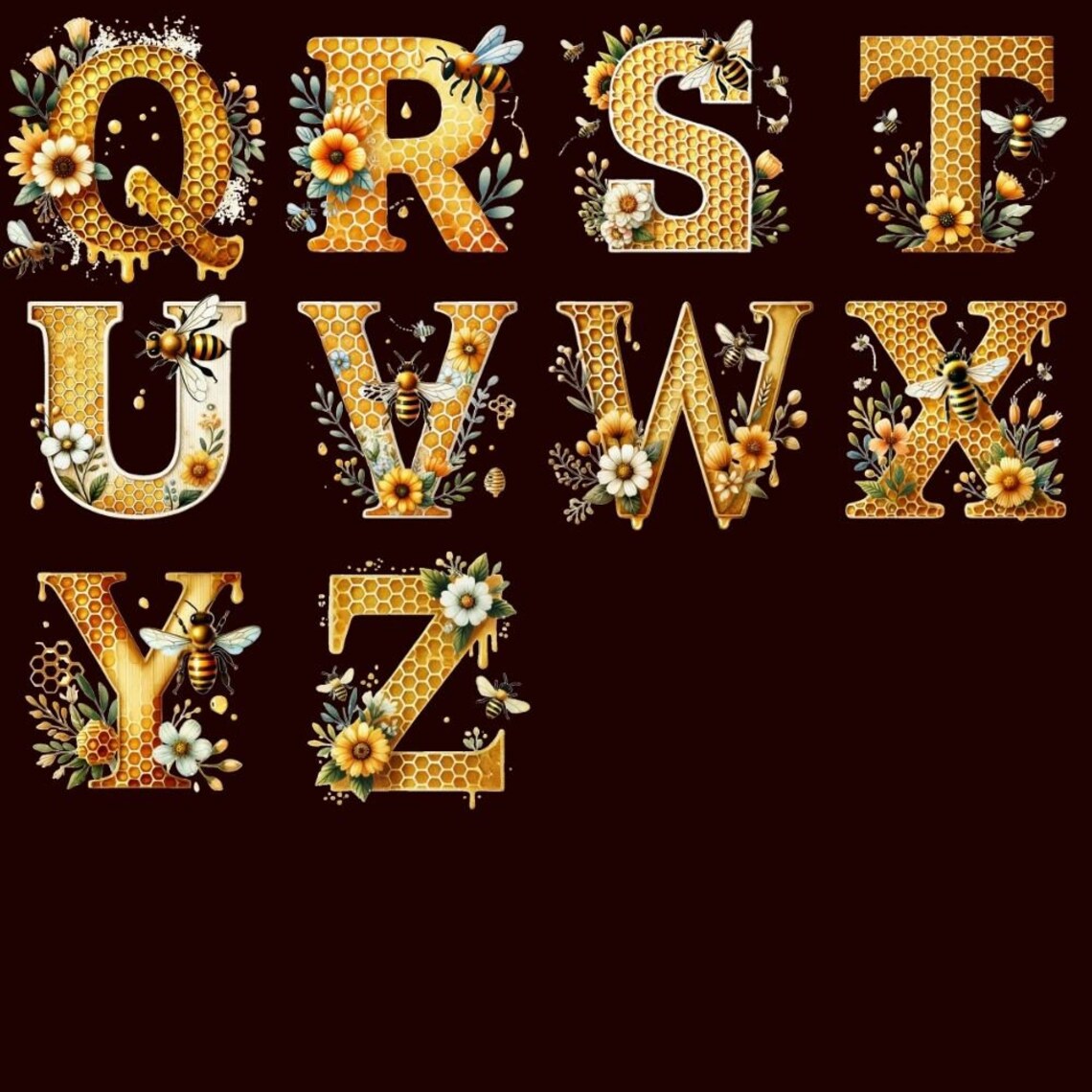 Watercolor Honey Bee Letters PNG Clipart Bundle, Honey Bee Alphabet PNG ...