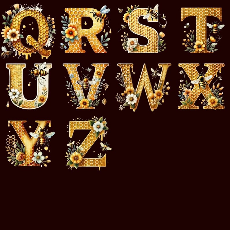 Watercolor Honey Bee Letters PNG Clipart Bundle, Honey Bee Alphabet PNG ...
