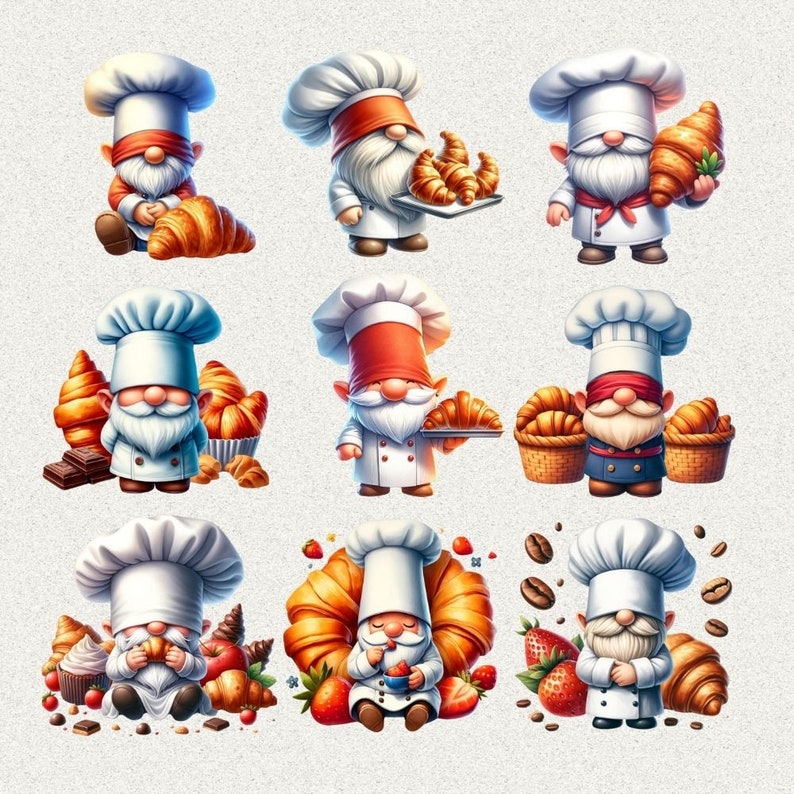 Croissant Gnome Watercolor Clipart , Chef Gnome , Chef Clipart PNG ...