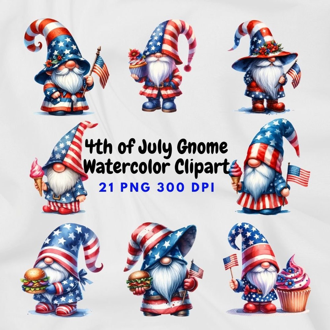 22 PNG 4th of July Gnome Watercolor Clipart , Patriotic Gnome Clipart ...