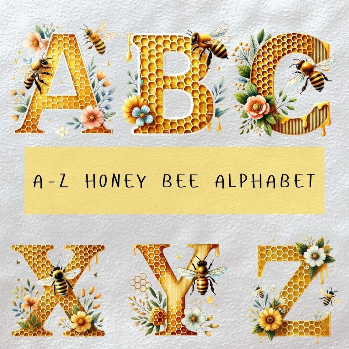 Watercolor Honey Bee Letters PNG Clipart Bundle, Honey Bee Alphabet PNG ...