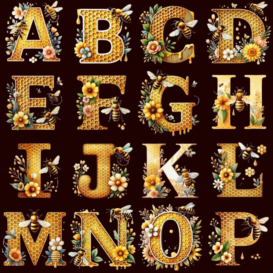 Watercolor Honey Bee Letters PNG Clipart Bundle, Honey Bee Alphabet PNG ...