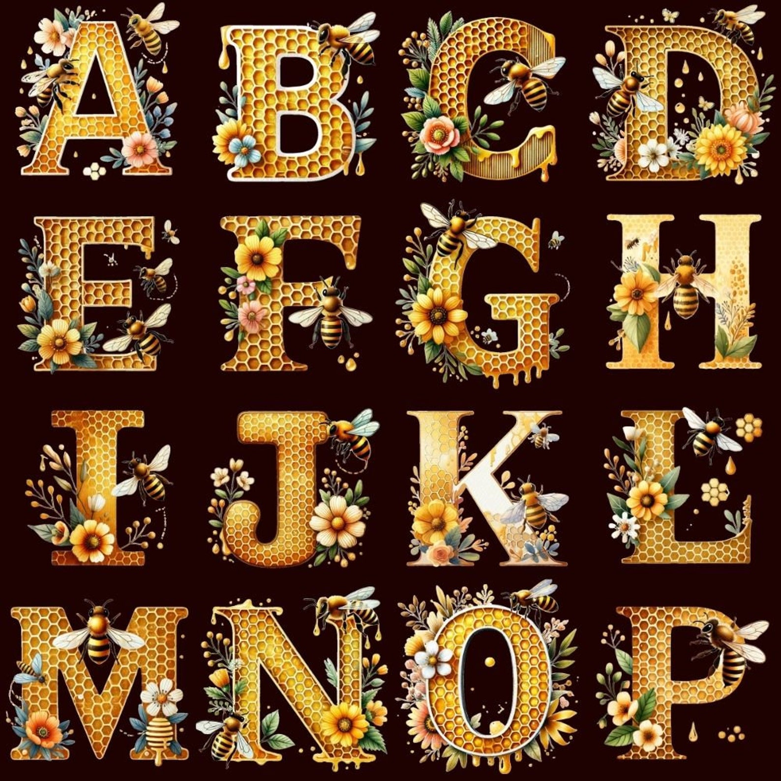 Watercolor Honey Bee Letters PNG Clipart Bundle, Honey Bee Alphabet PNG ...