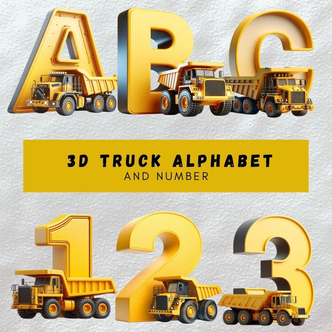 Construction Truck Letters and Number PNG Bundle, 3D Yellow Alphabet ...