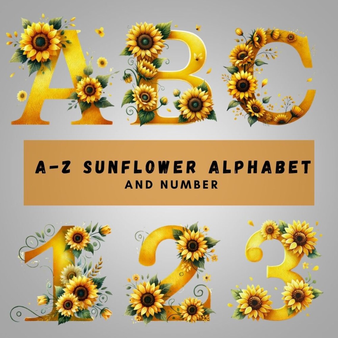 Sunflower Letters and Number PNG Bundle, Sunflower Alphabet PNG Clipart ...