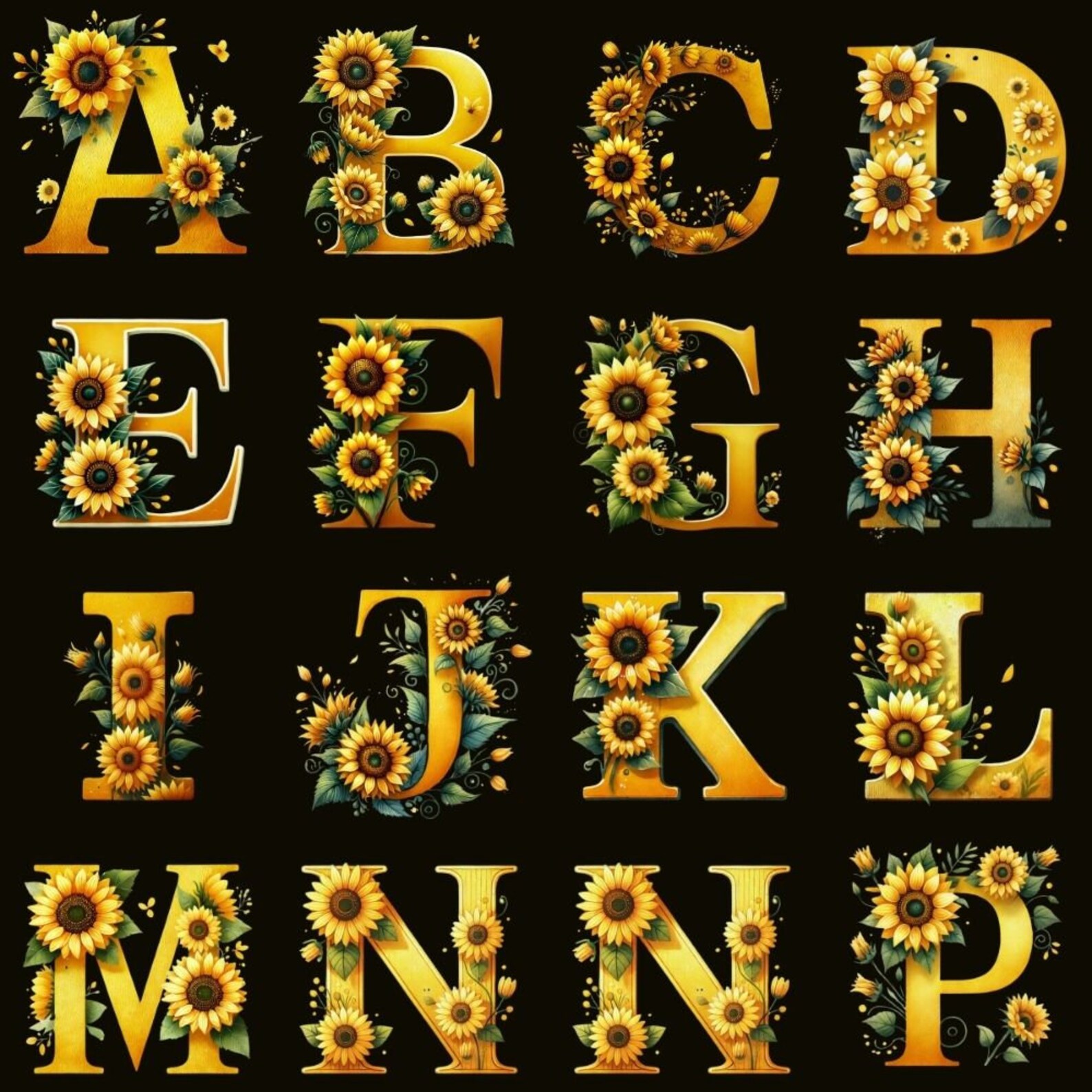 Sunflower Letters and Number PNG Bundle, Sunflower Alphabet PNG Clipart ...