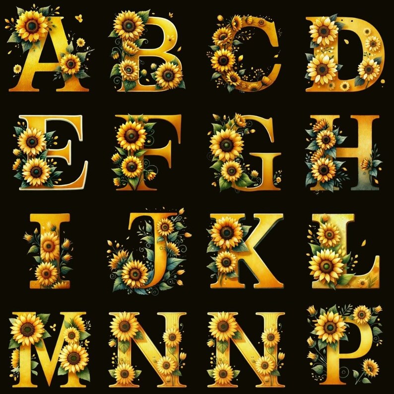 Sunflower Letters and Number PNG Bundle, Sunflower Alphabet PNG Clipart ...