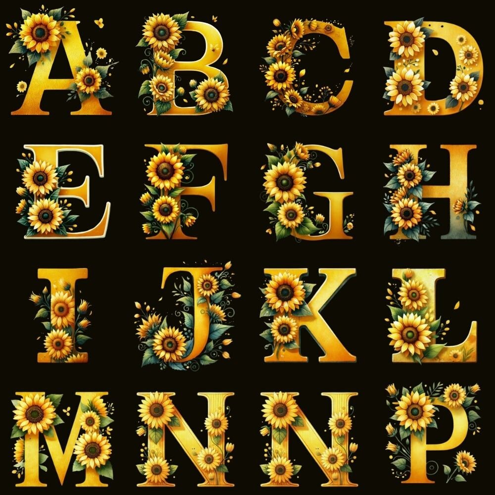Sunflower Letters and Number PNG Bundle, Sunflower Alphabet PNG Clipart ...