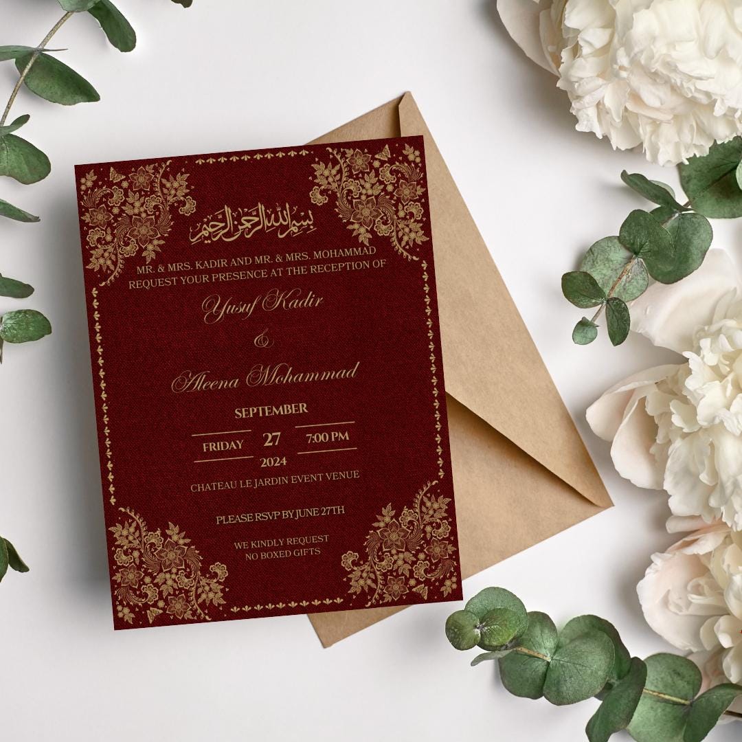 Islamic Digital Wedding Card Canva Edit - Vintage Red Nikkah, Walima or ...