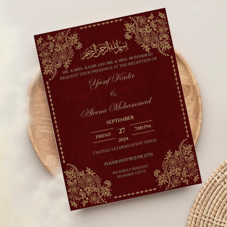 Islamic Digital Wedding Card Canva Edit - Vintage Red Nikkah, Walima or ...