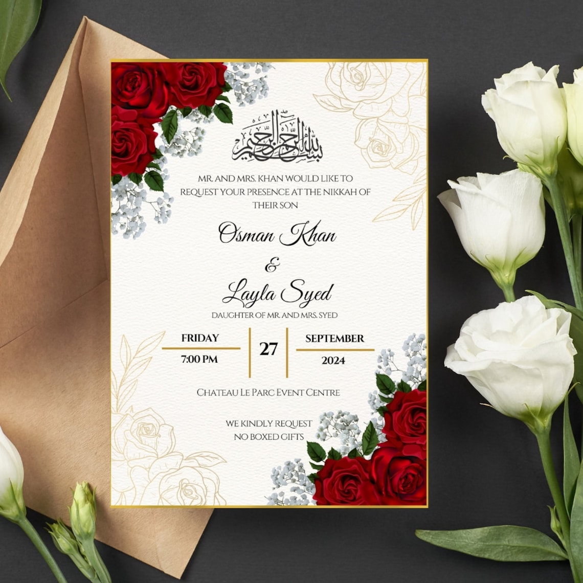 Islamic Digital Wedding Card Canva Edit Classic Rose Nikkah, Walima or ...