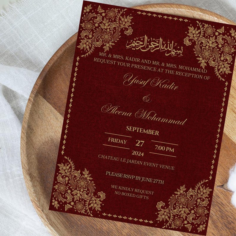Islamic Digital Wedding Card Canva Edit - Vintage Red Nikkah, Walima or ...