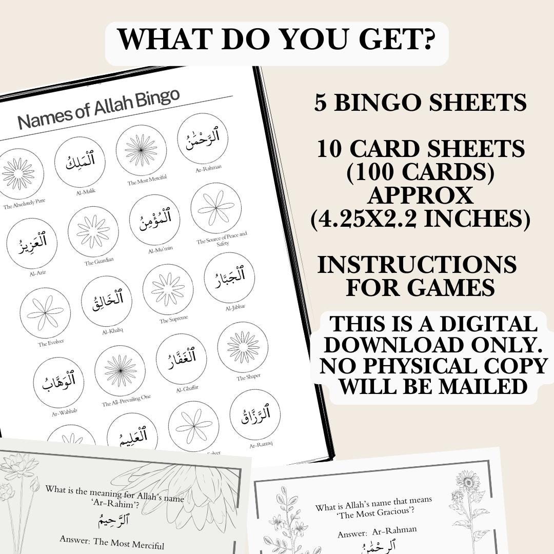 99 Names of Allah Learning Bundle: Bingo, Quiz, Flashcards (digital ...