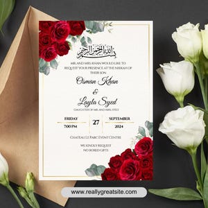 Islamic Digital Wedding Card Canva Edit - Classic Rose Nikkah, Walima ...