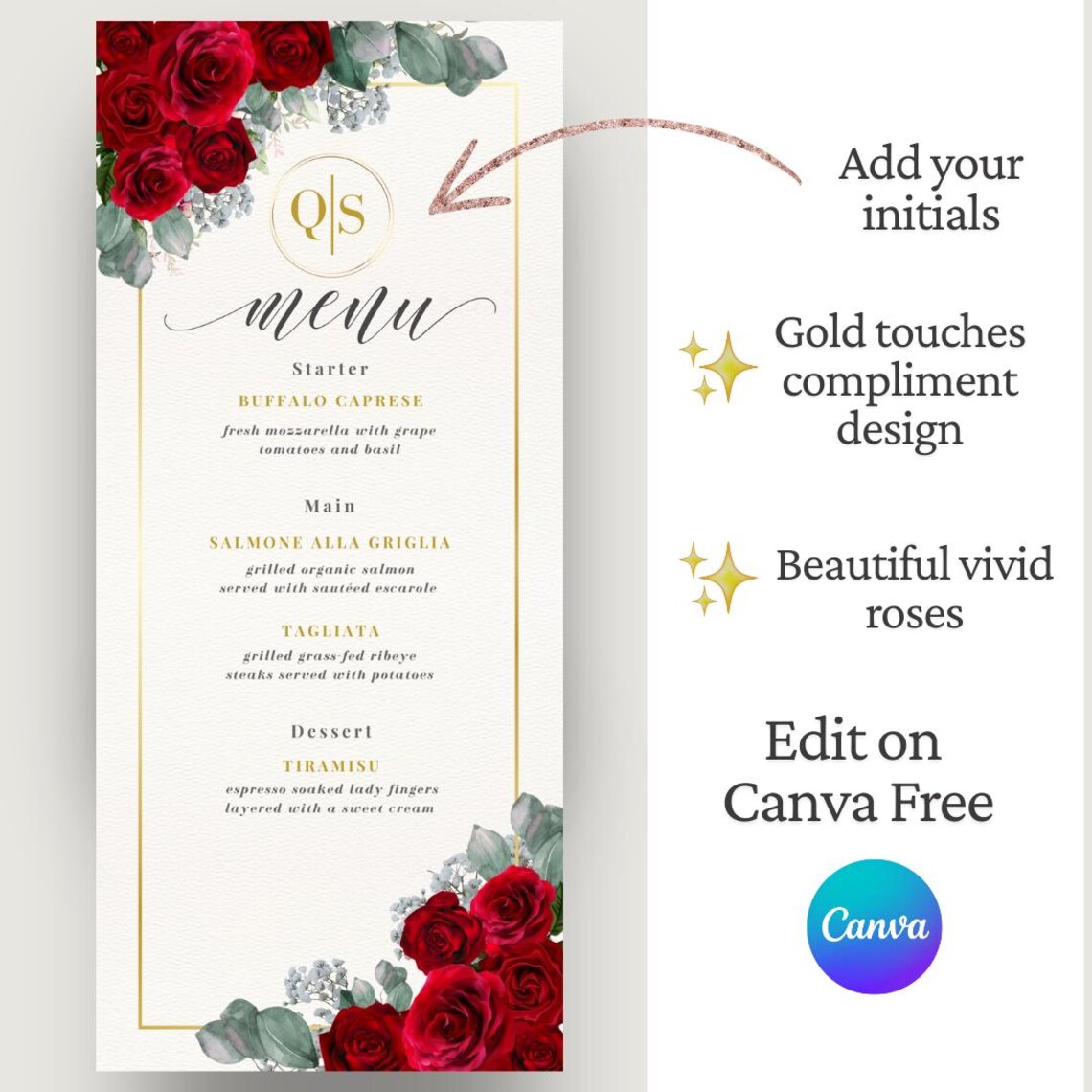 Wedding Celebration Menu Card | Red Roses | Traditional Style Menu Card ...