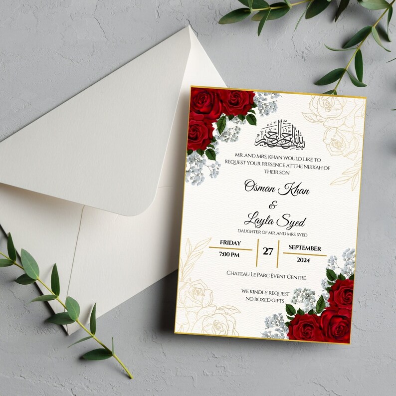 Islamic Digital Wedding Card Canva Edit Classic Rose Nikkah, Walima or ...
