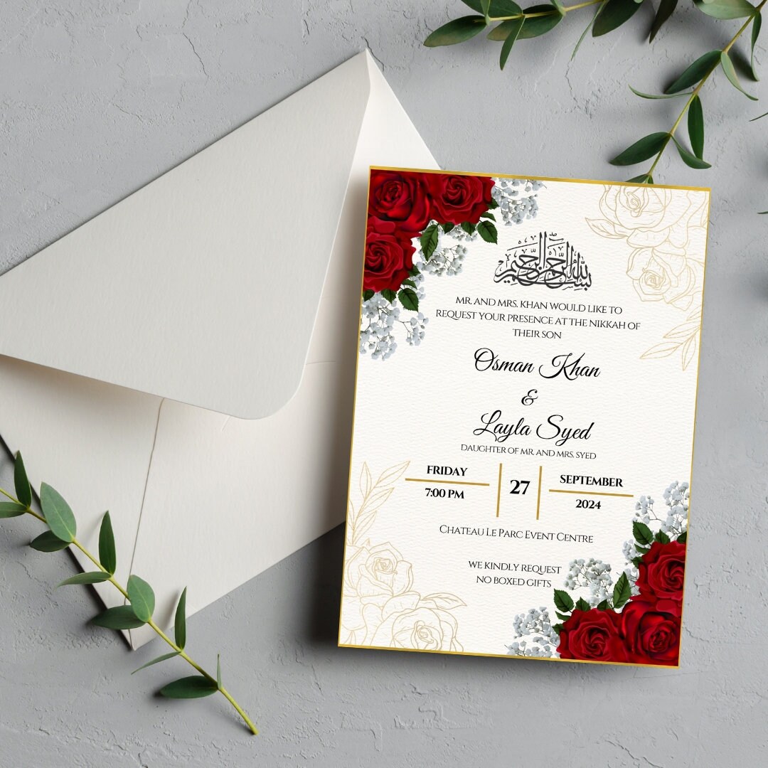 Islamic Digital Wedding Card Canva Edit Classic Rose Nikkah, Walima or ...