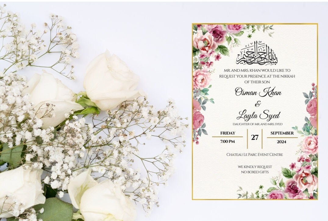 Islamic Digital Wedding Card Canva Edit - Classic Floral Nikkah, Walima ...